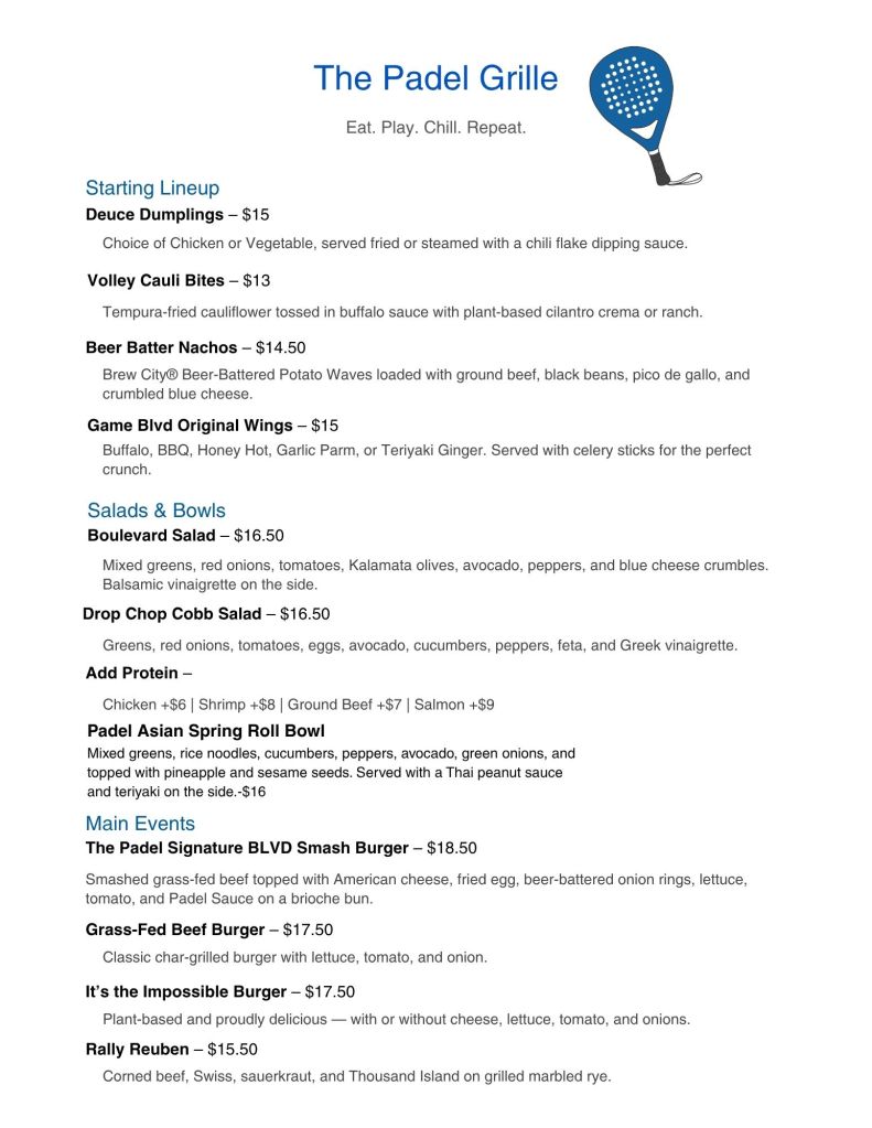Menu – The Padel Grille at the boulevard tennis & Padel club